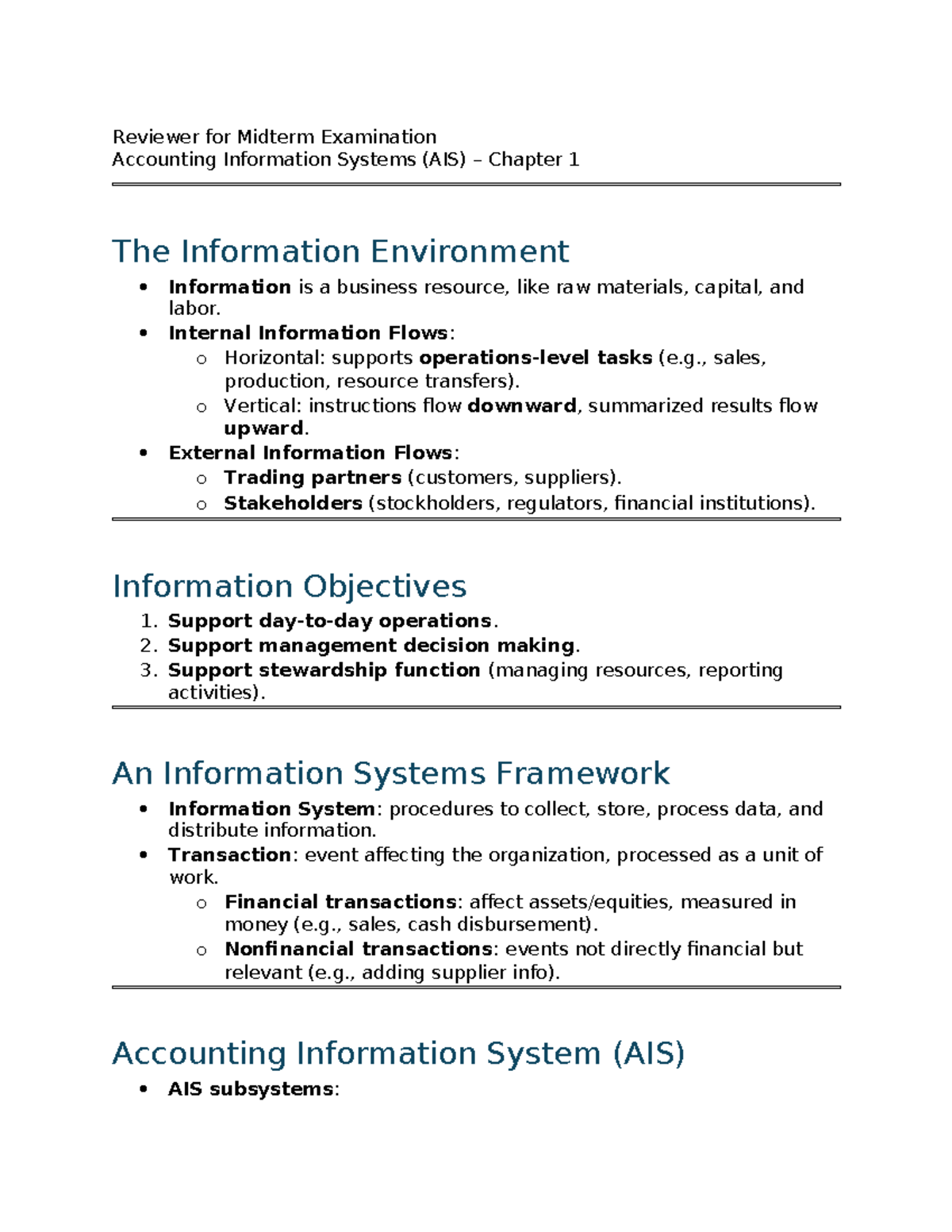 AIS Midterm Exam Reviewer: Chapter 1 - The Information Environment ...