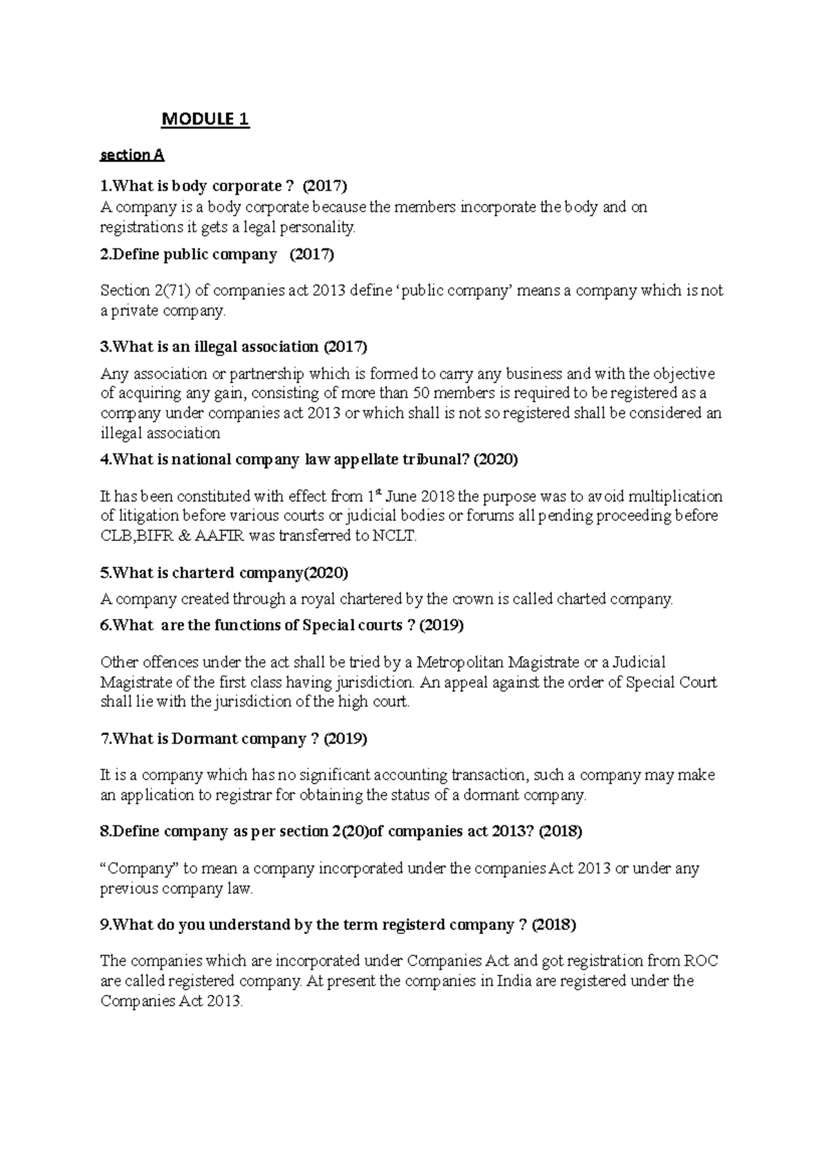 MODULE 1 & 2: Key Concepts in Company Law (2017-2020) - Studocu