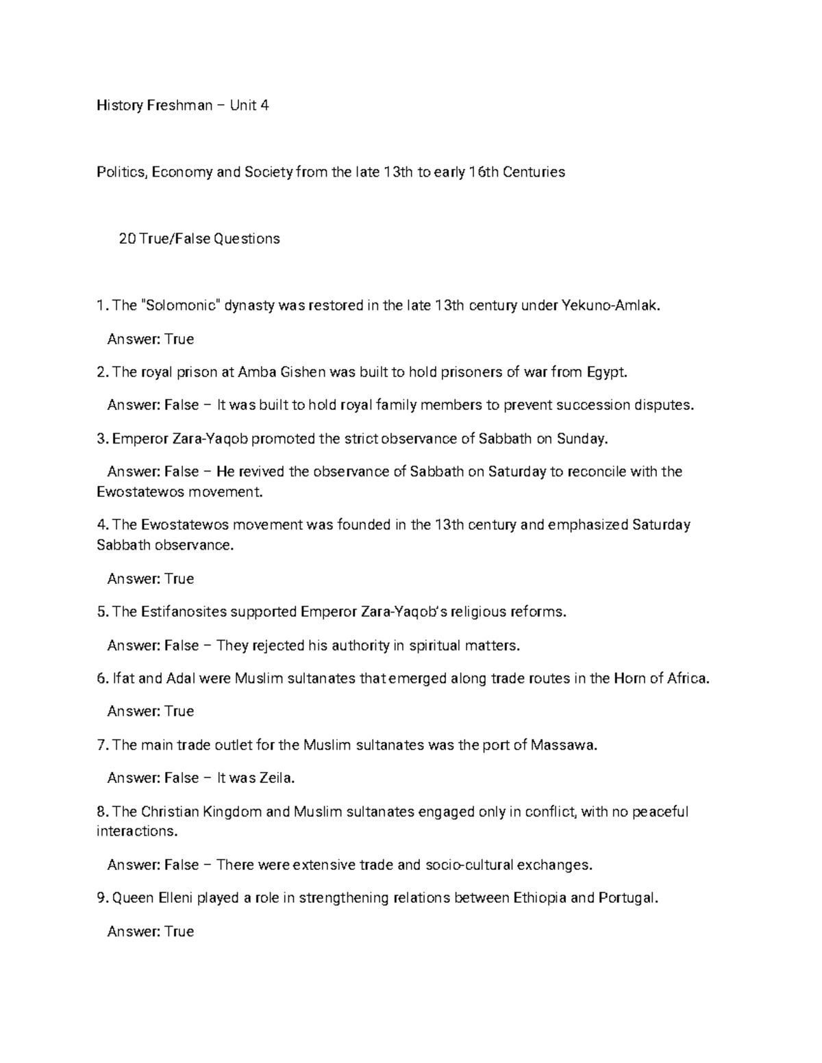 History Freshman - Practice Questions for T4 Course - Studocu