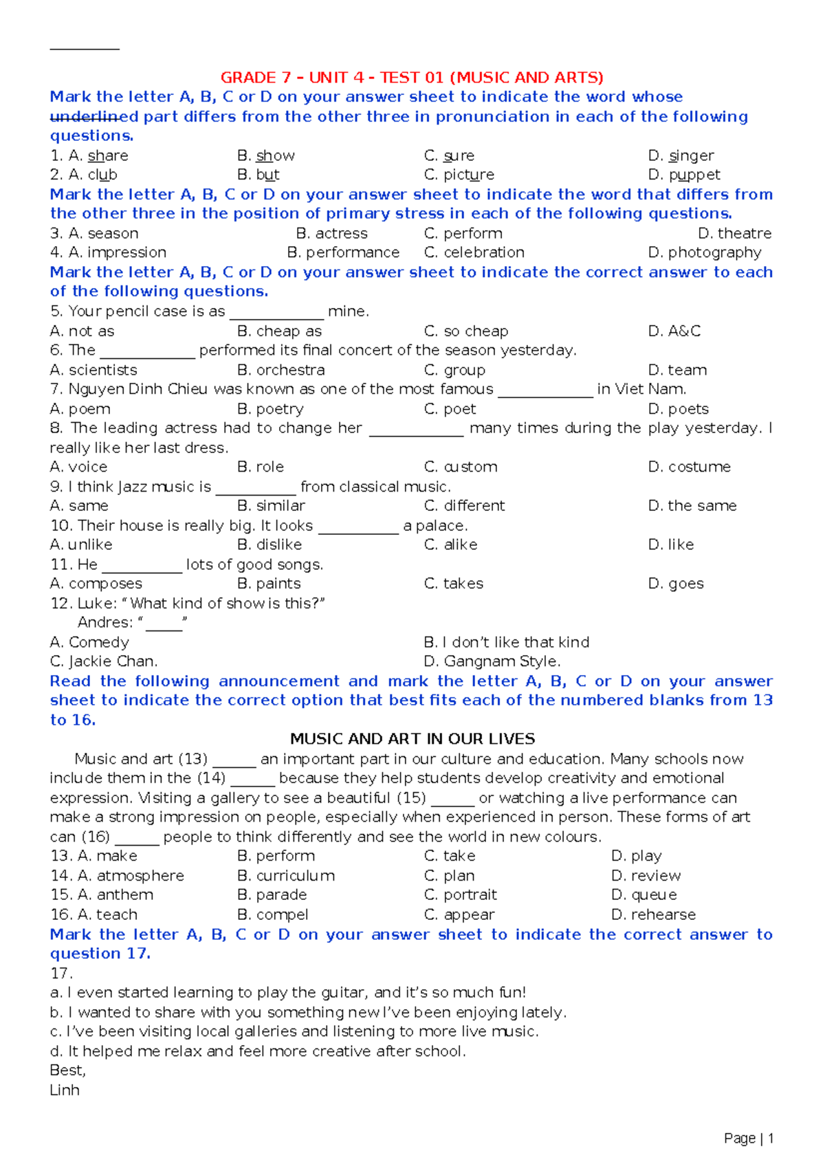 GRADE 7 UNIT 4 TEST 01 (MUSIC AND ARTS) - ANSWER KEY - Studocu