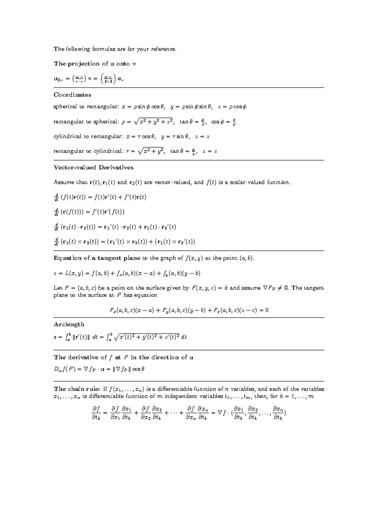 Formula Sheet for Exam FA 25: Vector Calculus and Derivatives - Studocu