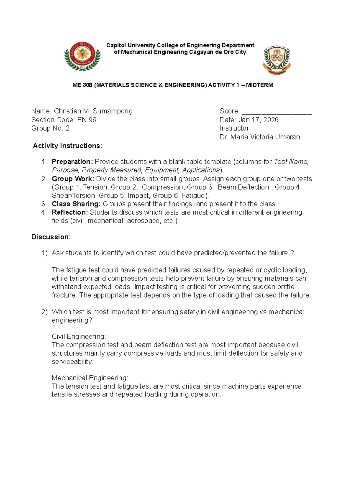 ME 308 - Materials Science Engineering Activity 1 Midterm - Studocu