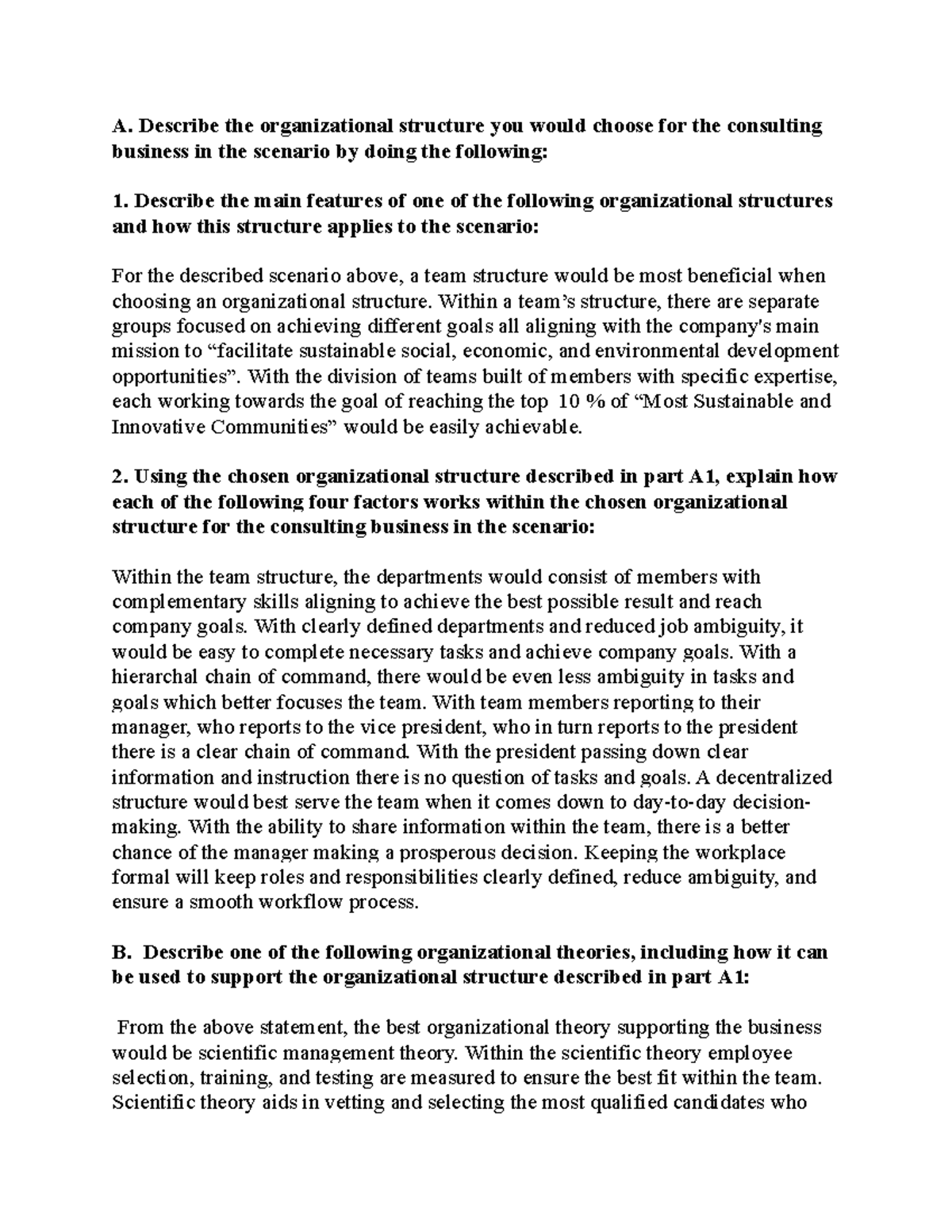 D078 Task 1: Team Structure & Scientific Management in Consulting ...