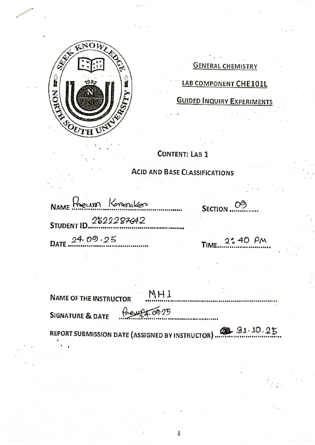 CHE101L Lab Report 1: Acid and Base Classifications - Studocu