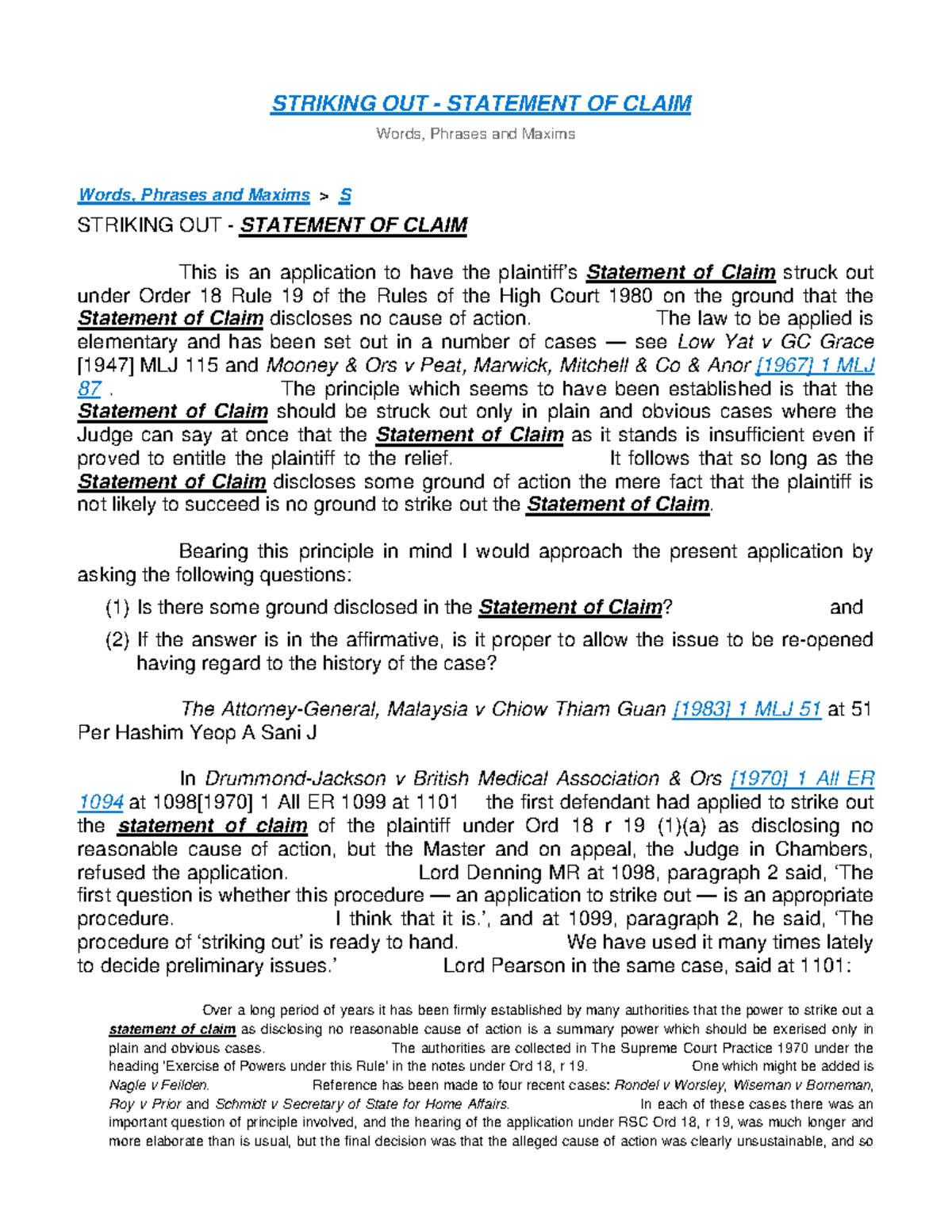 Striking Out Application: Statement of Claim Analysis (Law 101) - Studocu