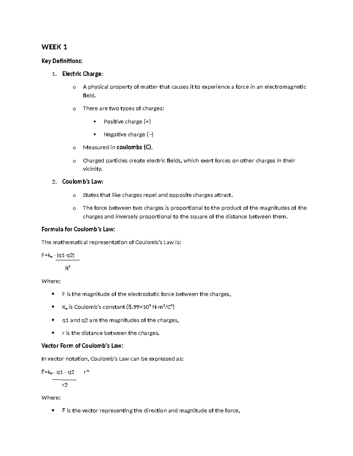 WEEK 1 & 2 Key Concepts in Electric Charge and Fields for Calculus B - Studocu