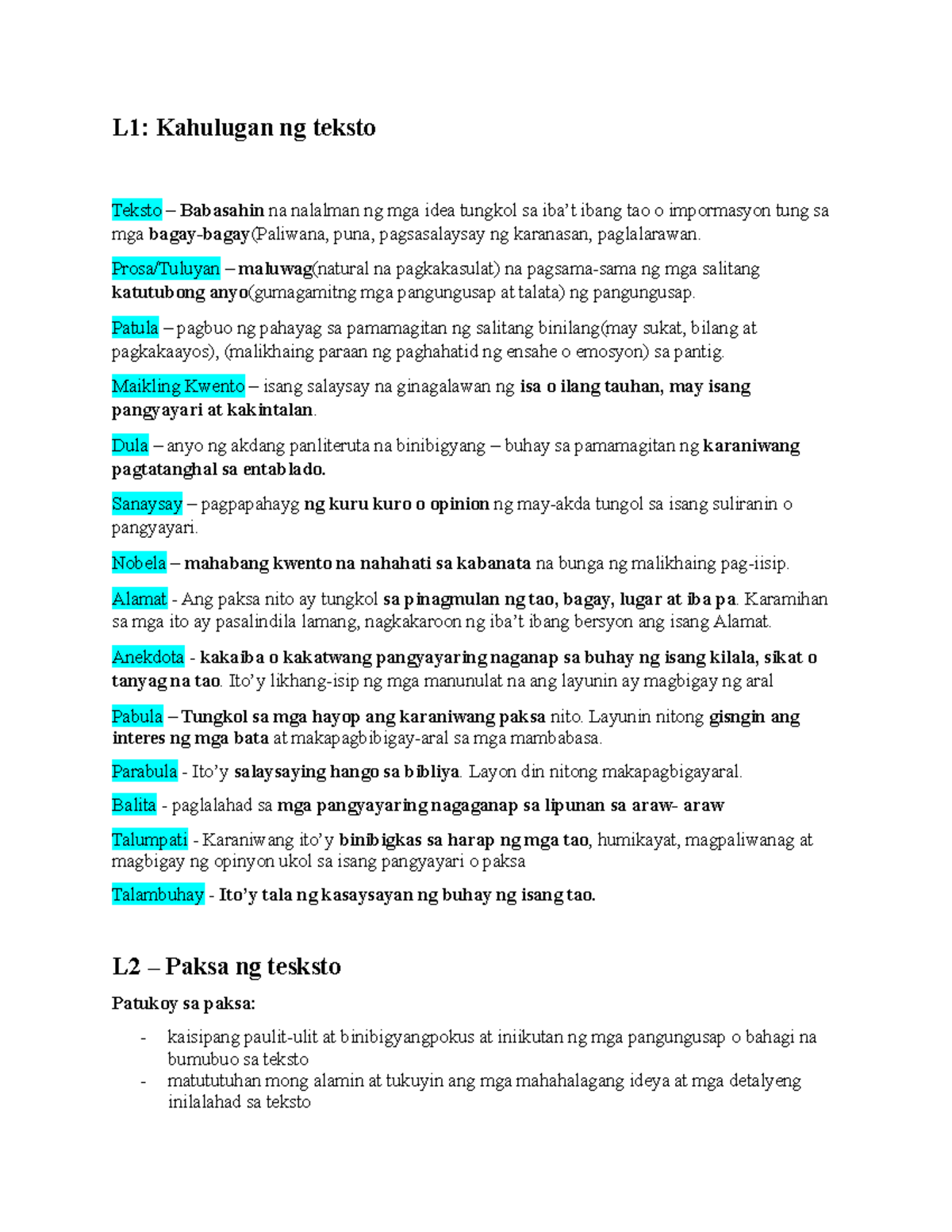 Pagbasa at Pagsusuri Reviewer: Module 1 – Mga Uri ng Teksto - Studocu