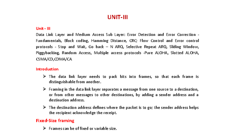 CN-Unit3: Data Link Layer Error Detection & Correction Techniques - Studocu
