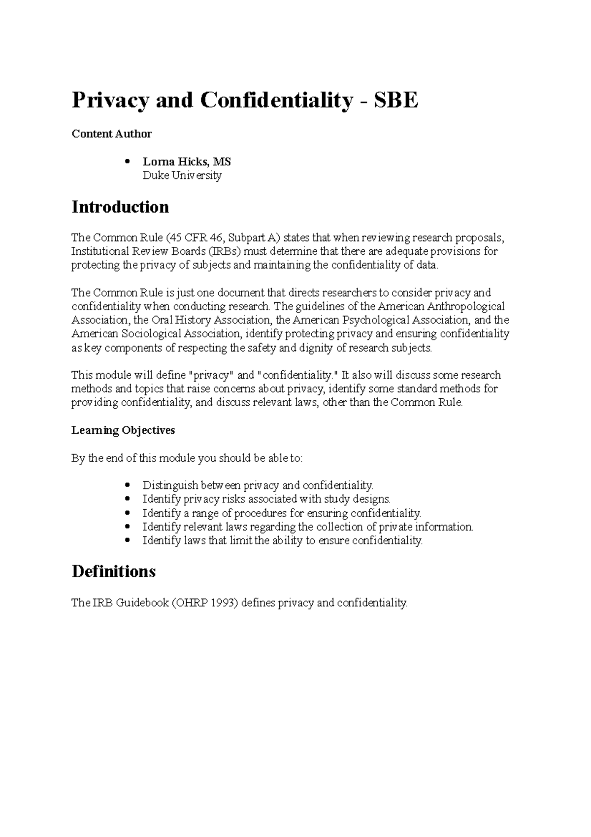 Privacy and Confidentiality in Research - SBE Module Overview - Studocu
