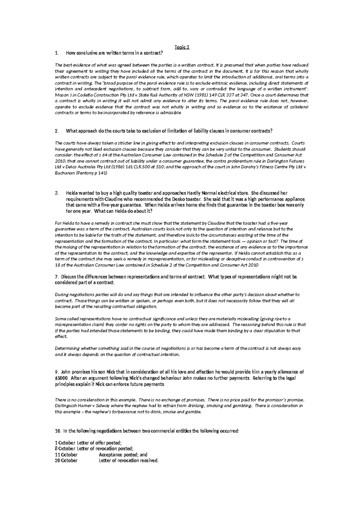BU1112 - Final Exam Study Notes on Contract Law - Topic 3 - Studocu