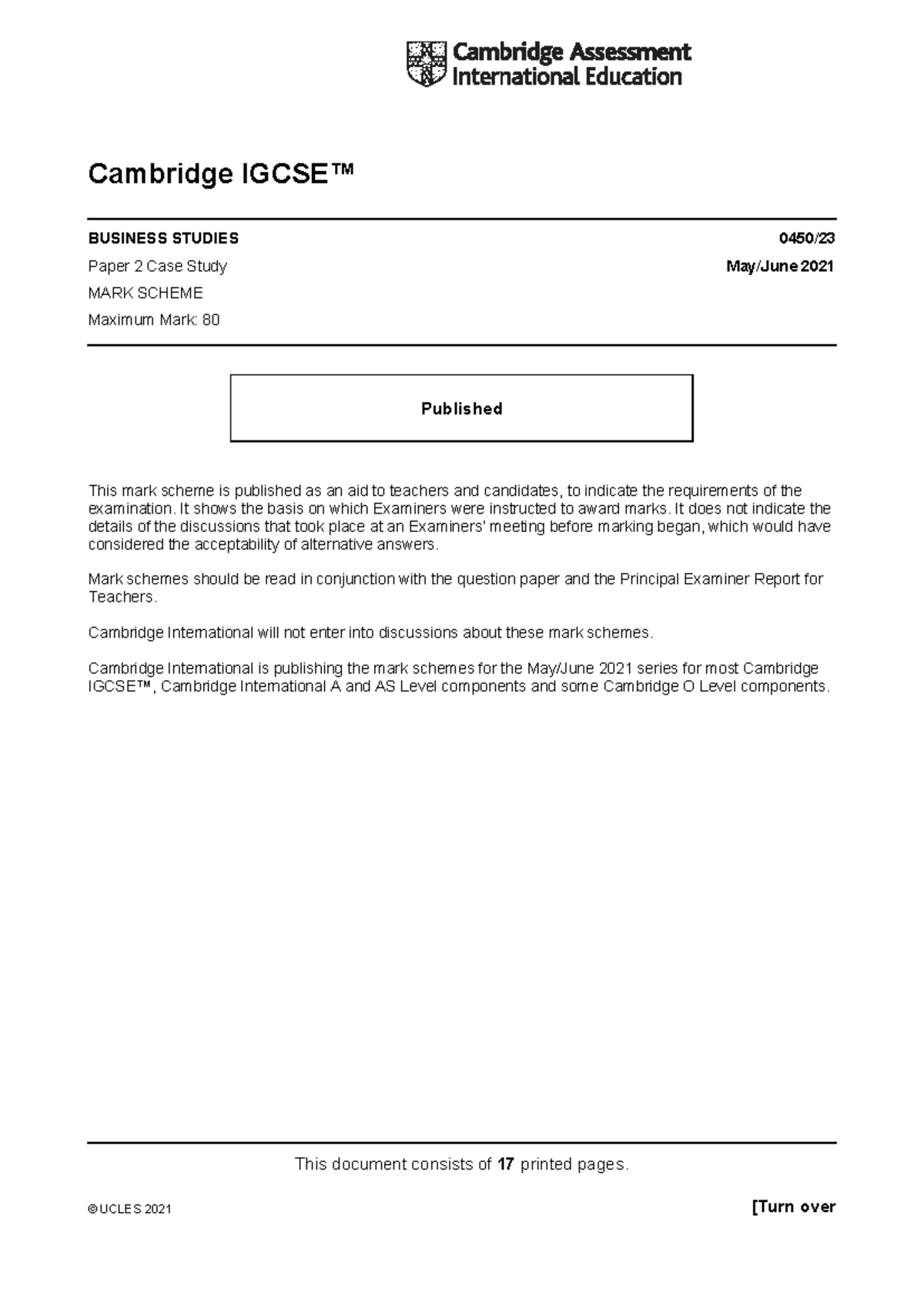 Cambridge IGCSE BUSINESS STUDIES 0450 Paper 2 Case Study Mark Scheme ...