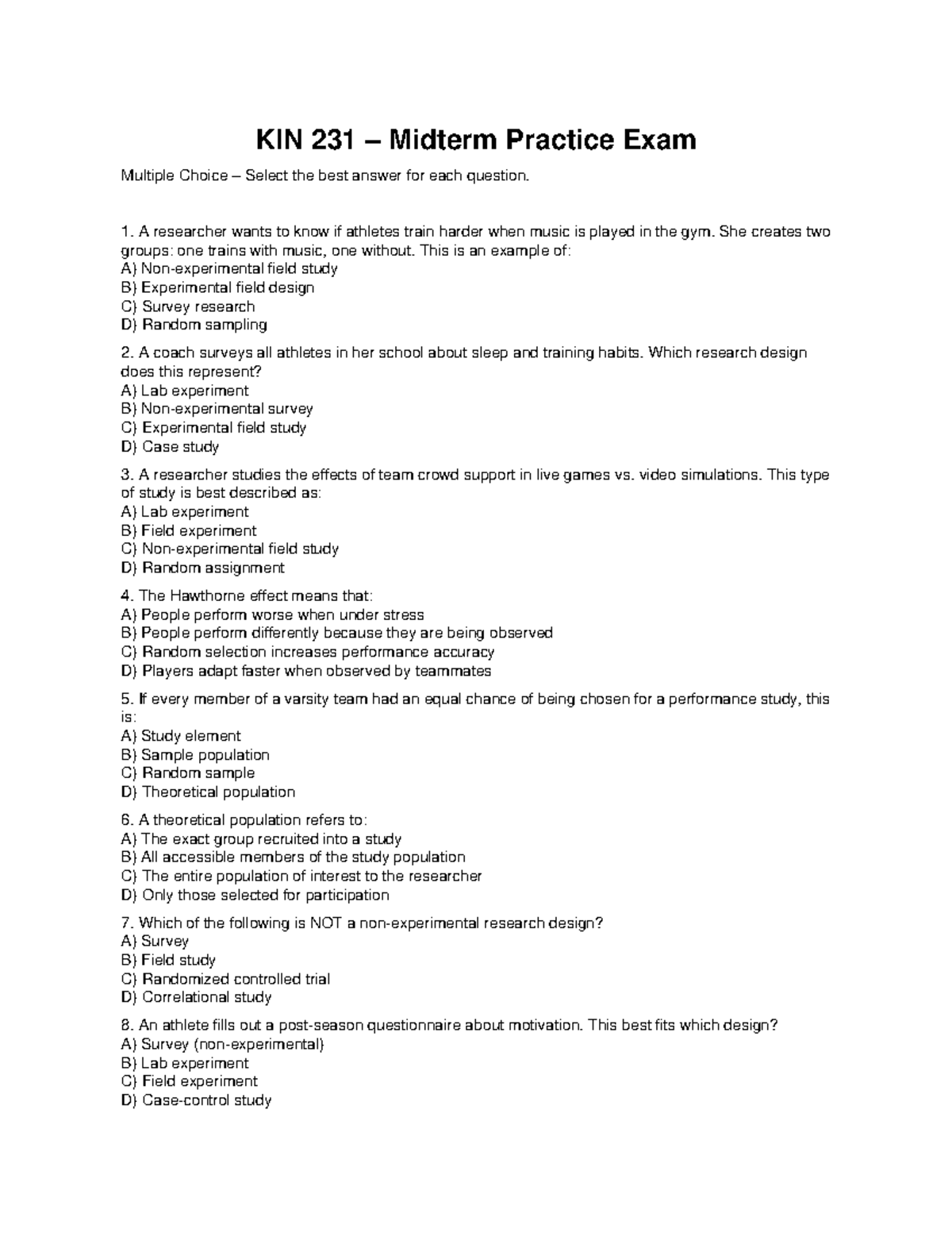 KIN 231 Midterm Practice Exam: Multiple Choice Questions - Studocu