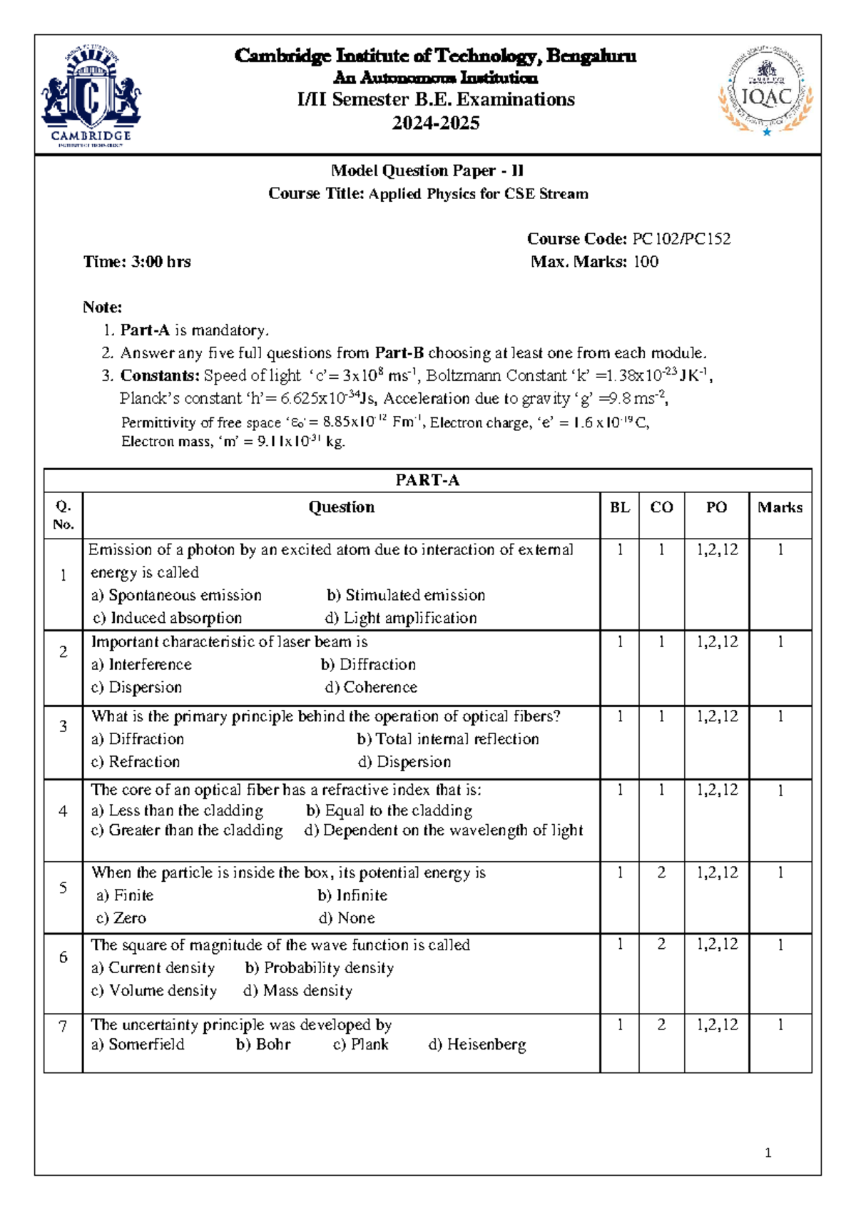 Physics Model Question Paper II - B.E. CSE Stream - Studocu