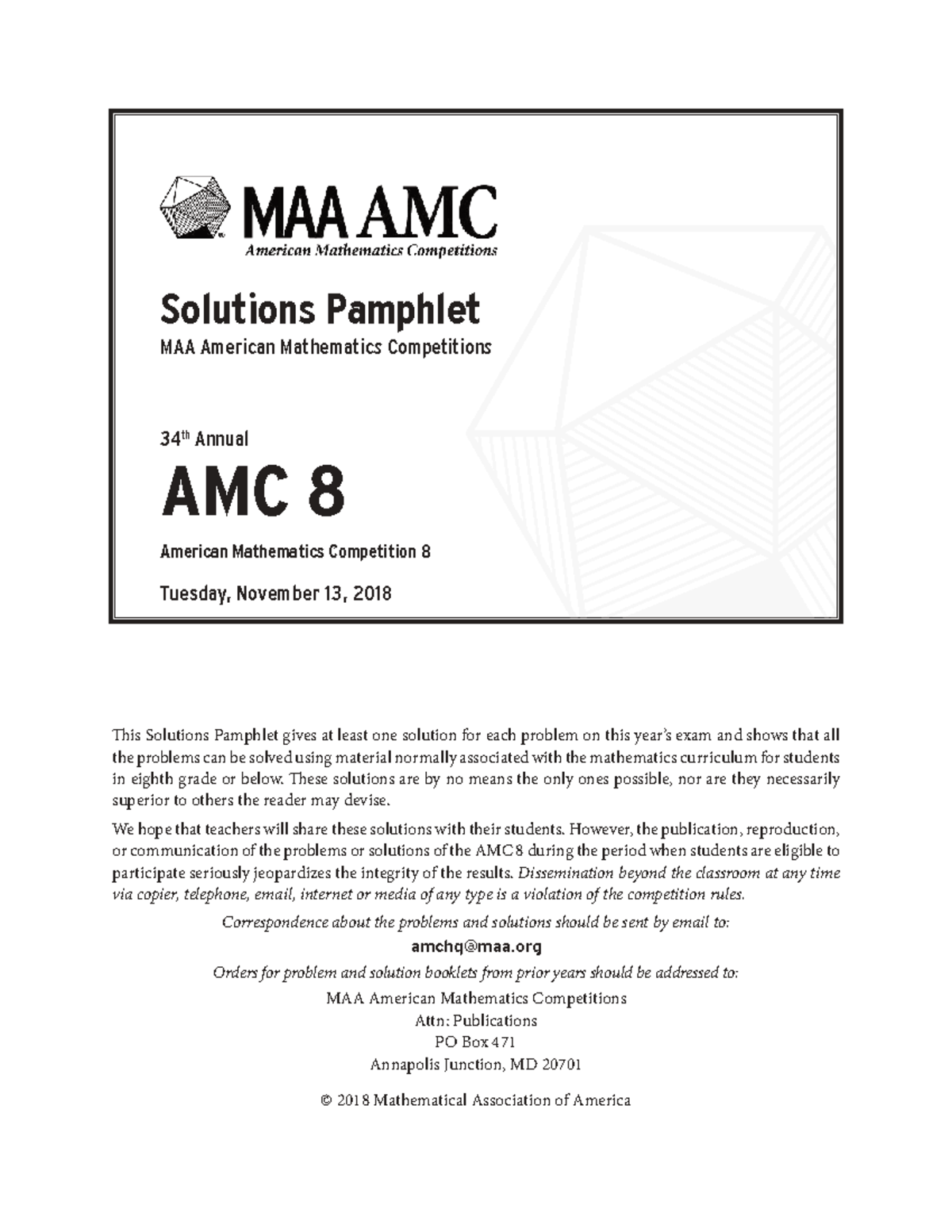 2018 AMC 8 Solutions Pamphlet - MAA Mathematics Competitions - Studocu