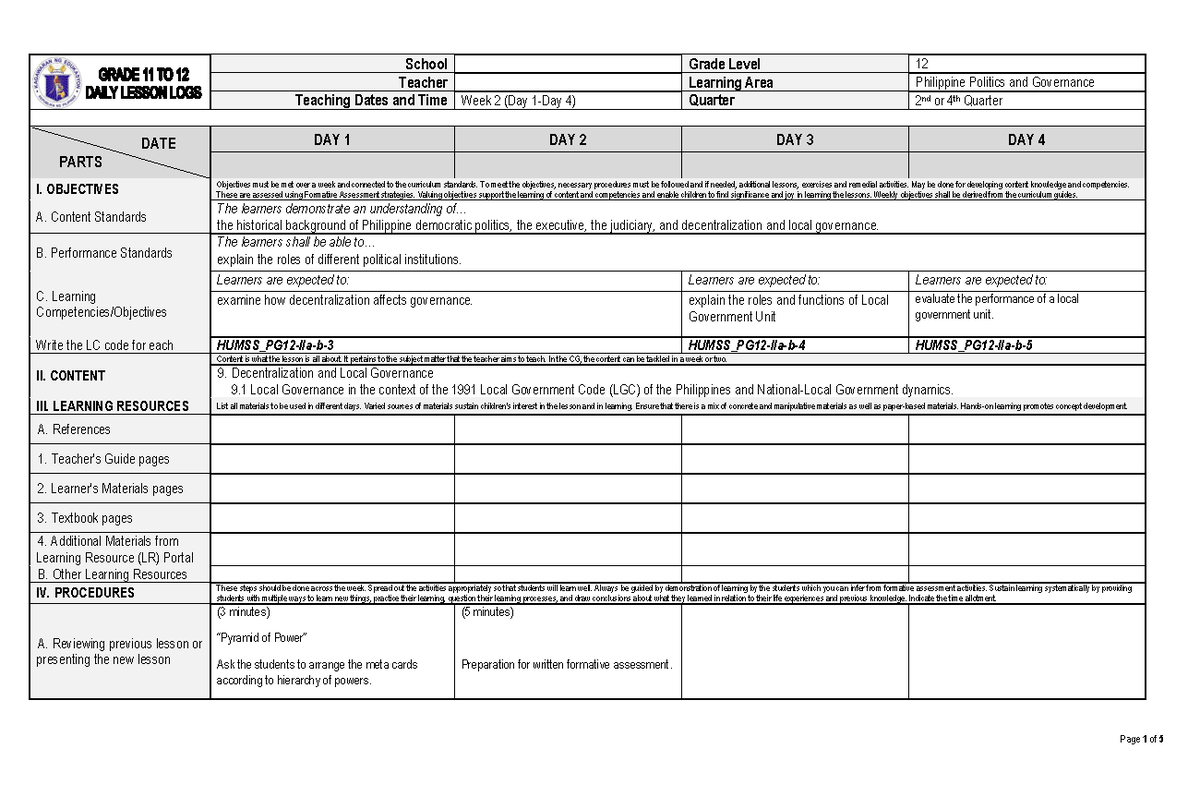 PPG 12 Q2 Week 2 Lesson Plan: Decentralization & Local Governance - Studocu