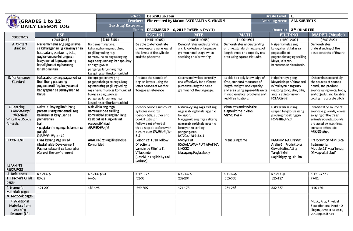 DLL for All Subjects: Weekly Lesson Plan (Q3 W6 D1) - Studocu