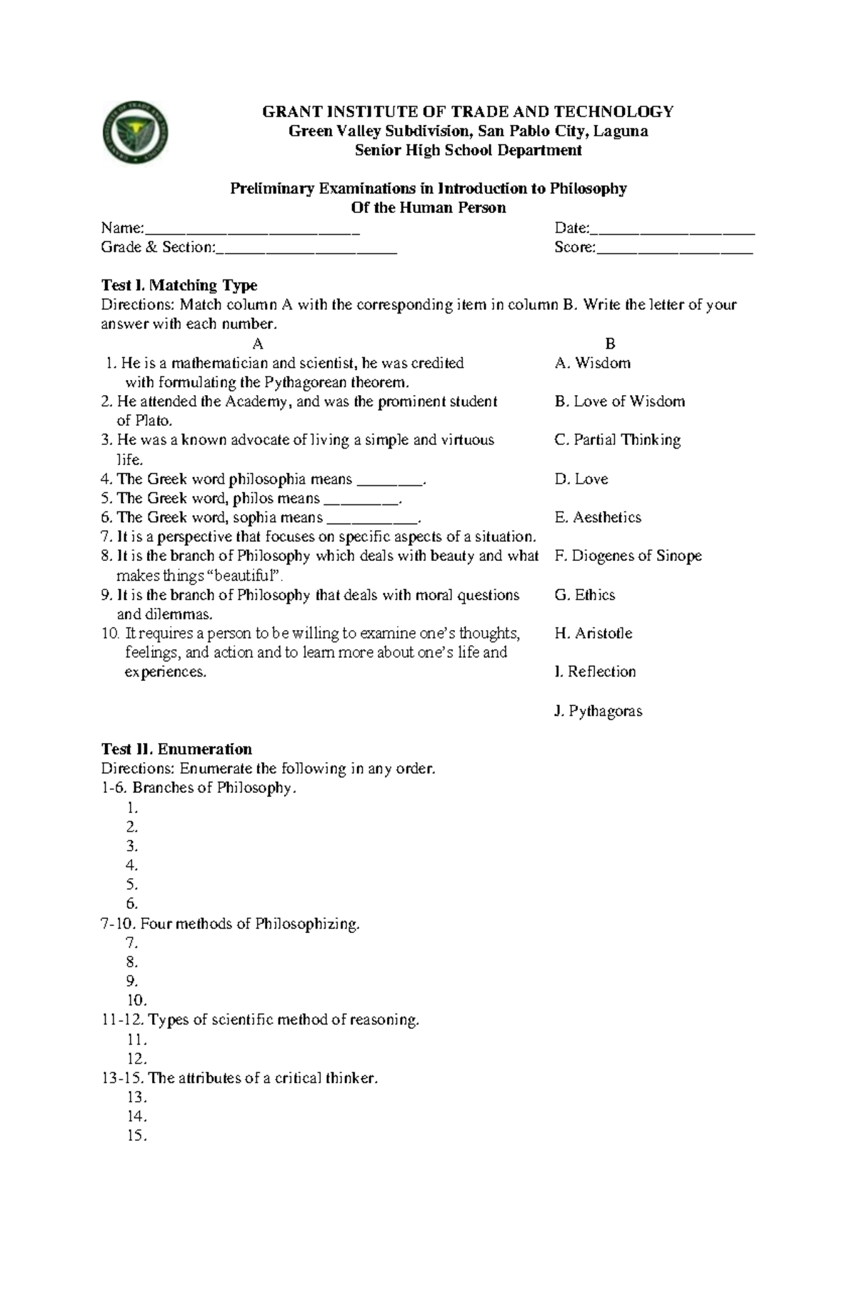 Preliminary Exam in Introduction to Philosophy (Grade Test I) - Studocu