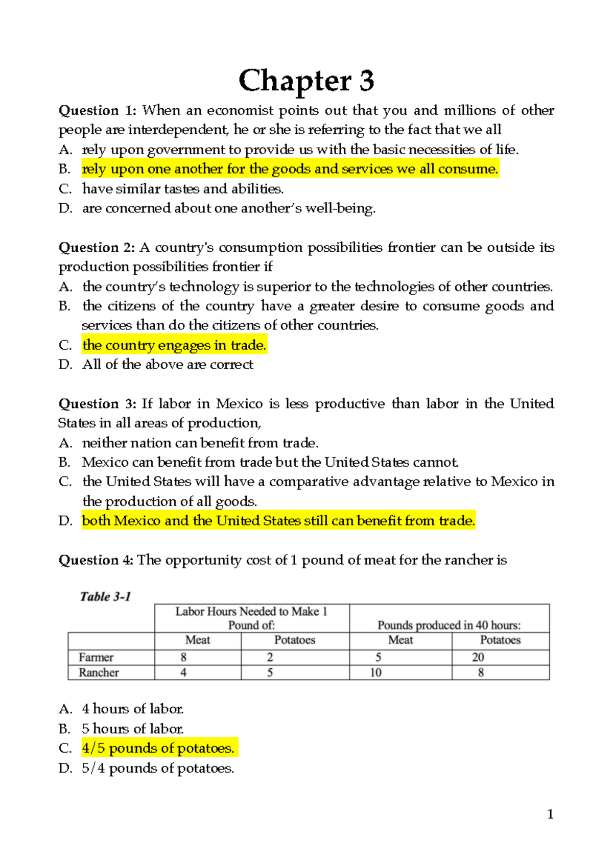 Microeconomics (ECO101) Chapter 3 Quiz: Interdependence & Trade Gains ...