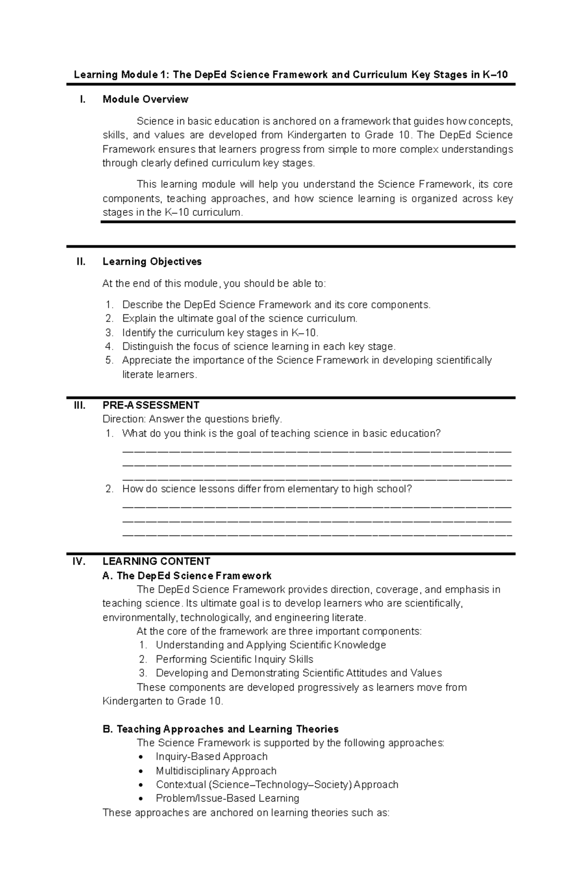 Learning Module 1: DepEd Science Framework & K10 Curriculum Stages ...