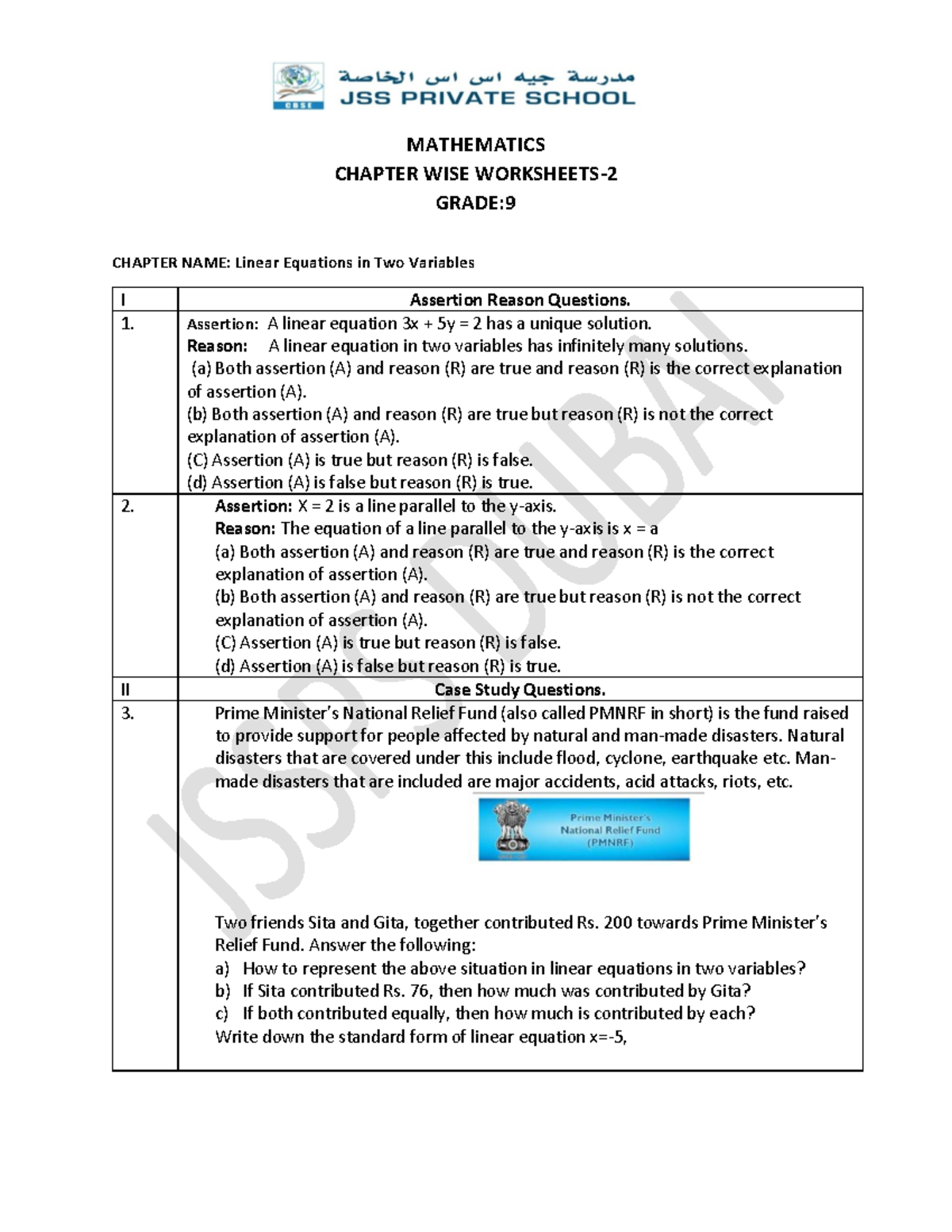 MATHEMATICS GRADE 9: Linear Equations in Two Variables WS-2 - Studocu