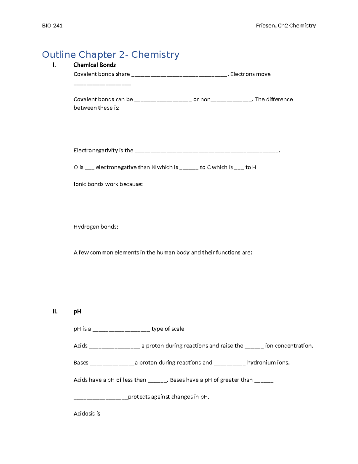 BIO 241 Final Exam Study Guide: Chapter 2 Chemistry Overview - Outline ...