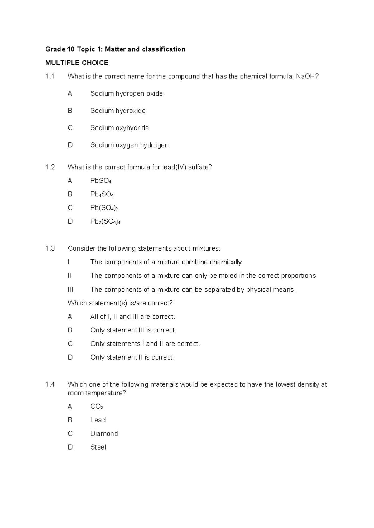 Grade 10 Chemistry Topic 1: Matter & Classification Assessment ...