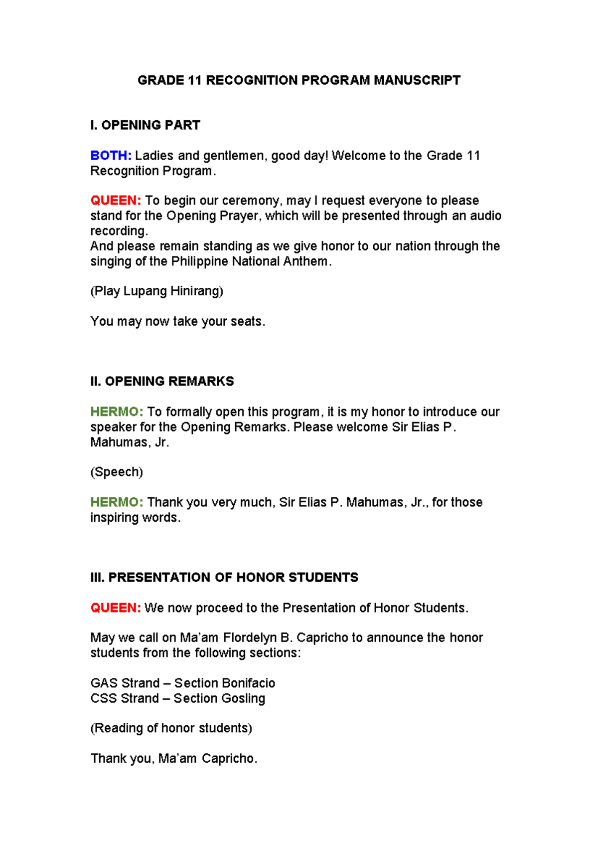 Grade 11 Recognition Program Manuscript: Opening Ceremony Details - Studocu