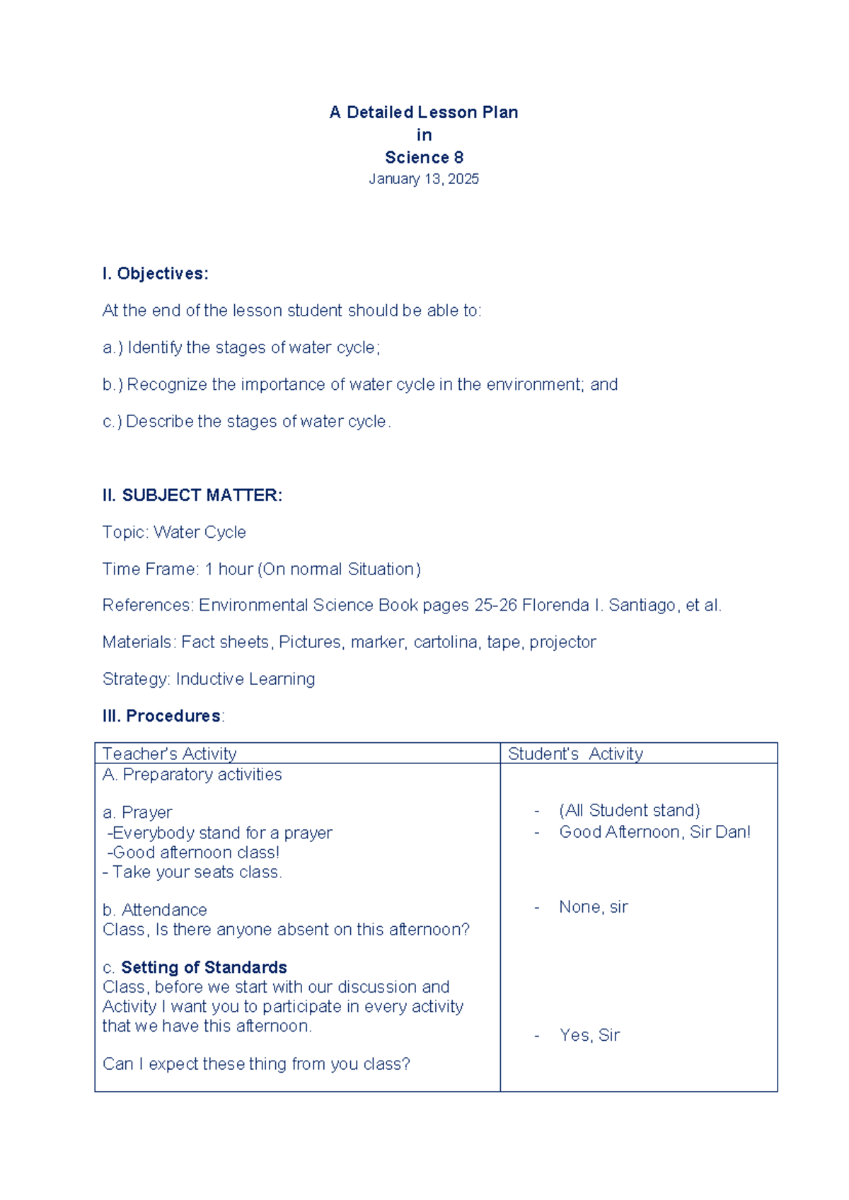 Detailed Lesson Plan: Water Cycle in Science 8 - Studocu