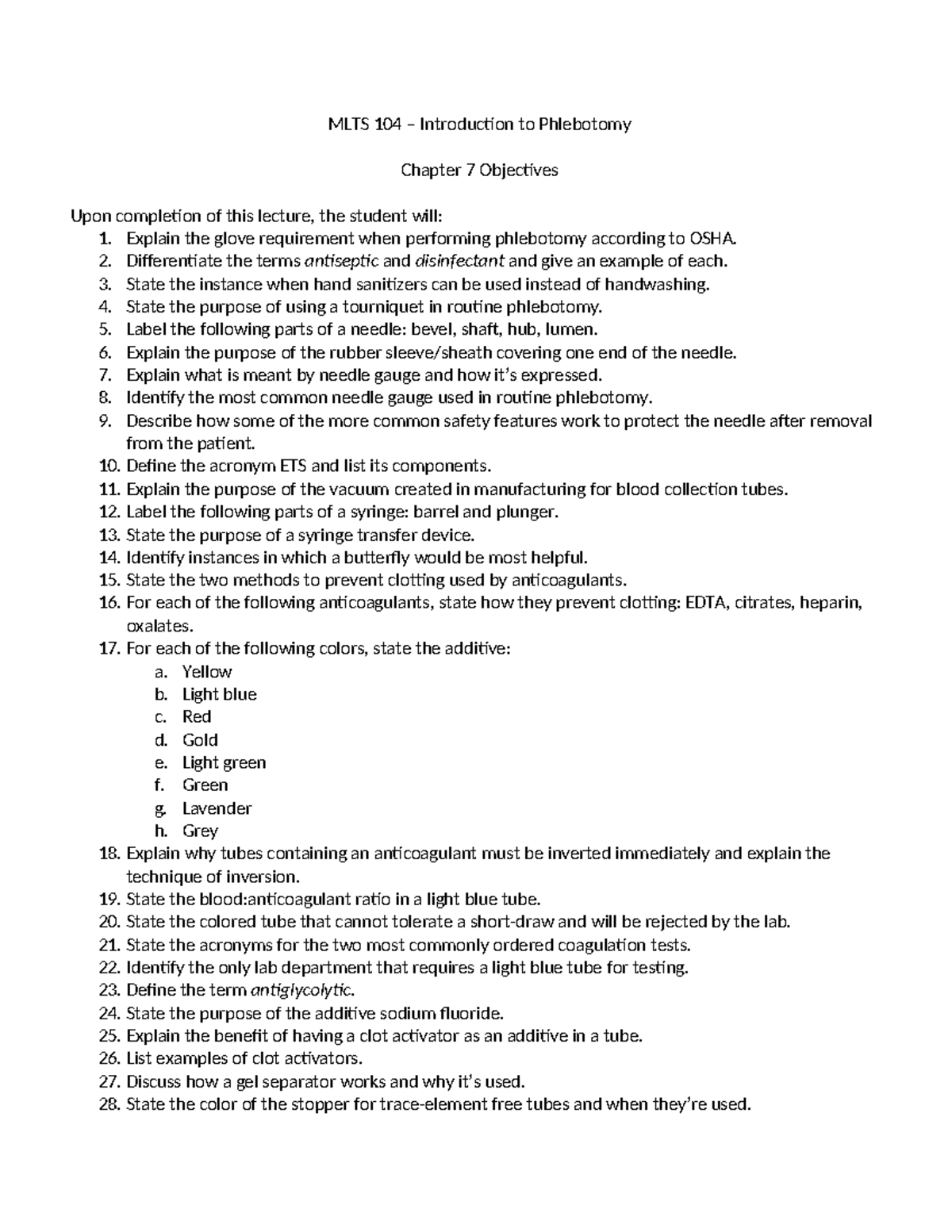 MLTS 104 Introduction to Phlebotomy Lecture: Chapter 7 Key Objectives ...