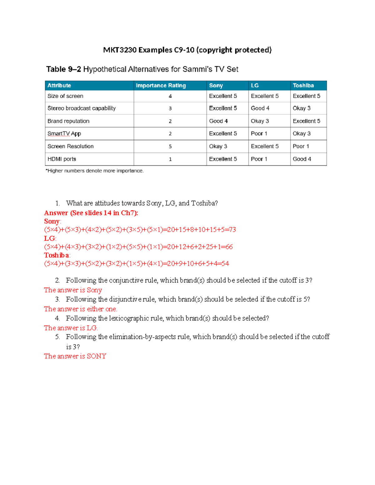 MKT3230 Example Answers for Attitude Analysis and Brand Selection - Studocu