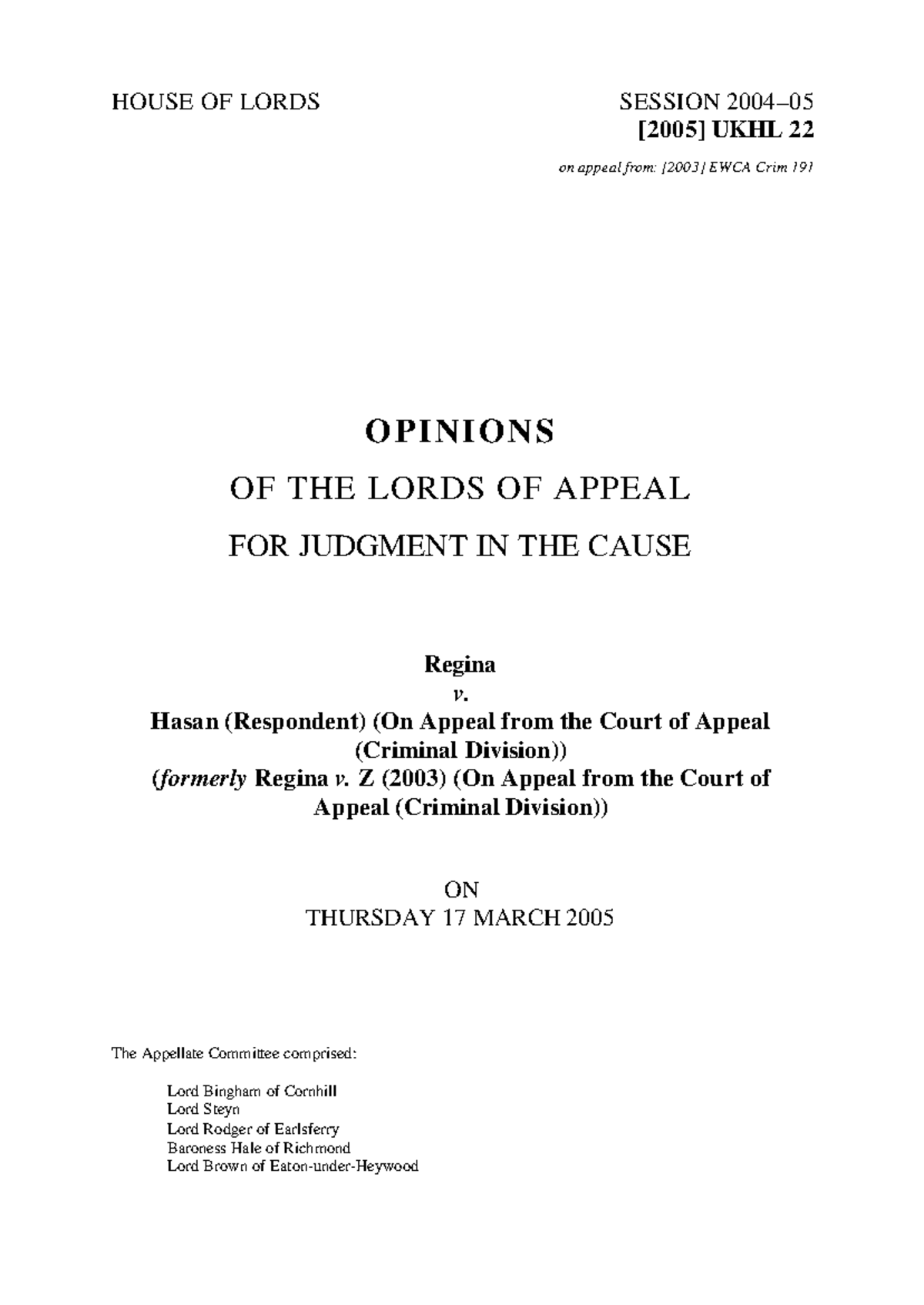 R v Hasan 2005: House of Lords Judgment on Duress & Confession Issues ...