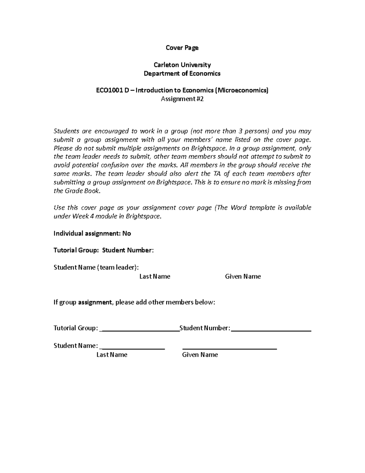 ECO1001 D - 2021F Assignment 2: Cover Page & Instructions - Studocu