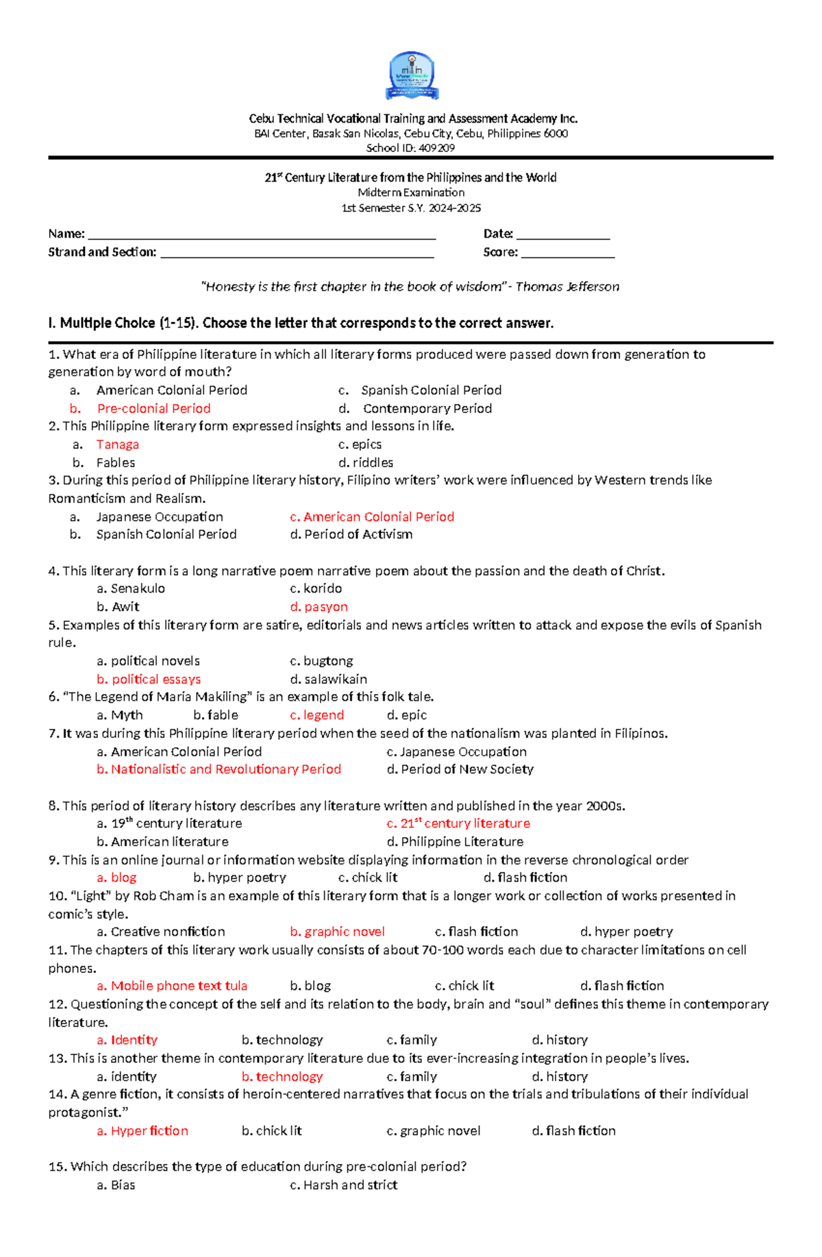 Midterm Exam Answer Key for 21st Century Literature (S. 2024) - Studocu