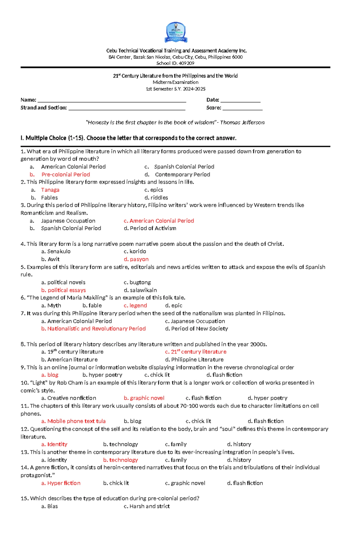 Prelim Exam Answer Key for 21st Century Literature (1st Sem S. 2024 ...