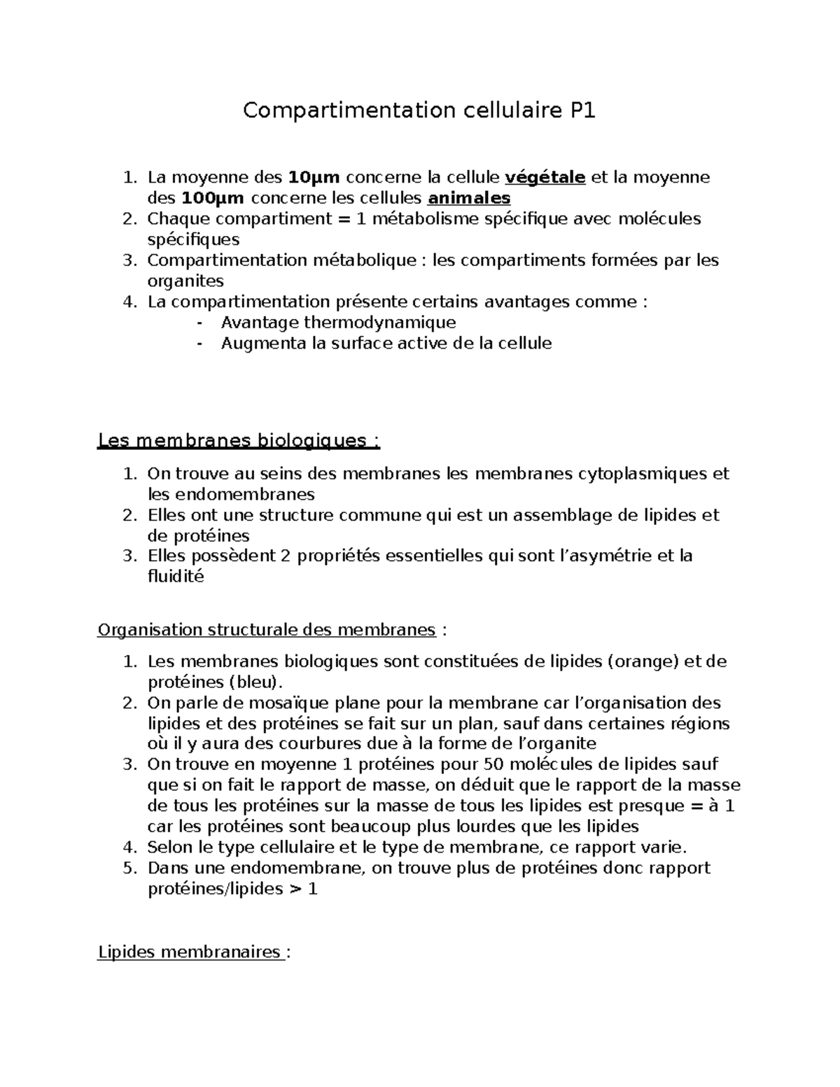 Titre : Compartimentation Cellulaire et Membranes Biologiques P1 - Studocu