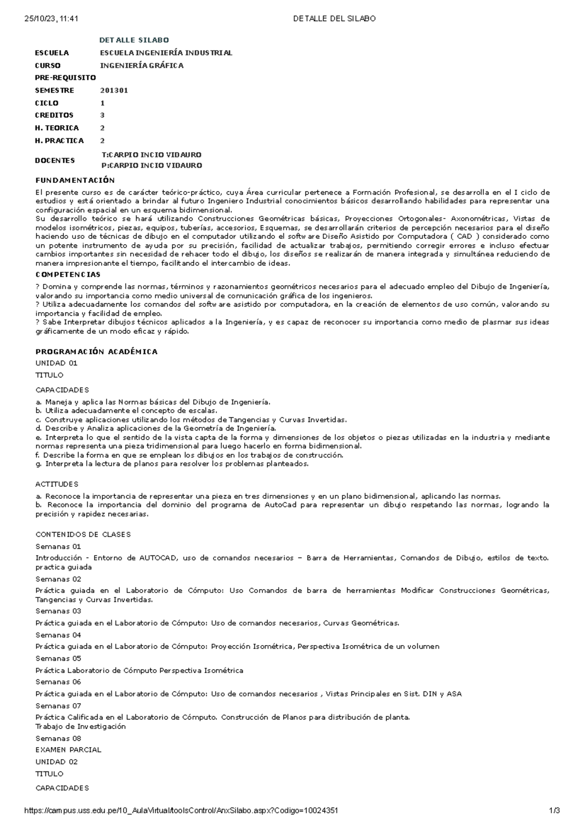 Sílabo de Ingeniería Gráfica - Curso 201301 - Ciclo 1 - Studocu
