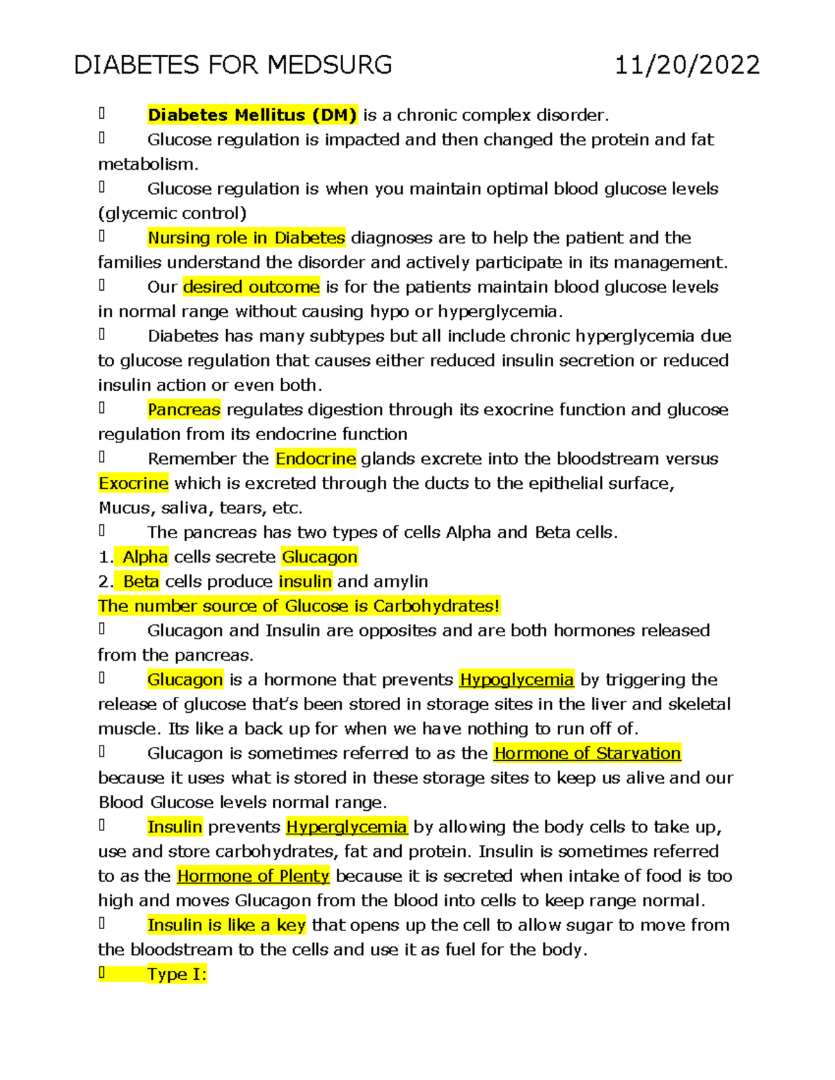 Diabetes Overview for MEDSURG - Notes from MEDSURG 2 Class - Studocu