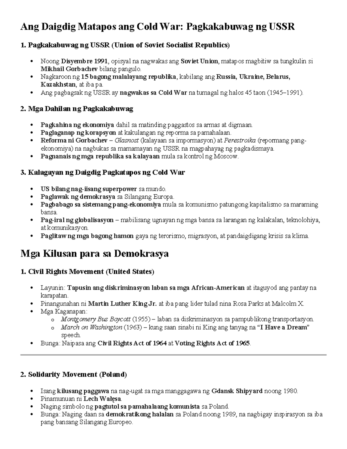 Ang Daigdig Matapos ang Cold War: Pagbuwag ng USSR at mga Kilusan - Studocu