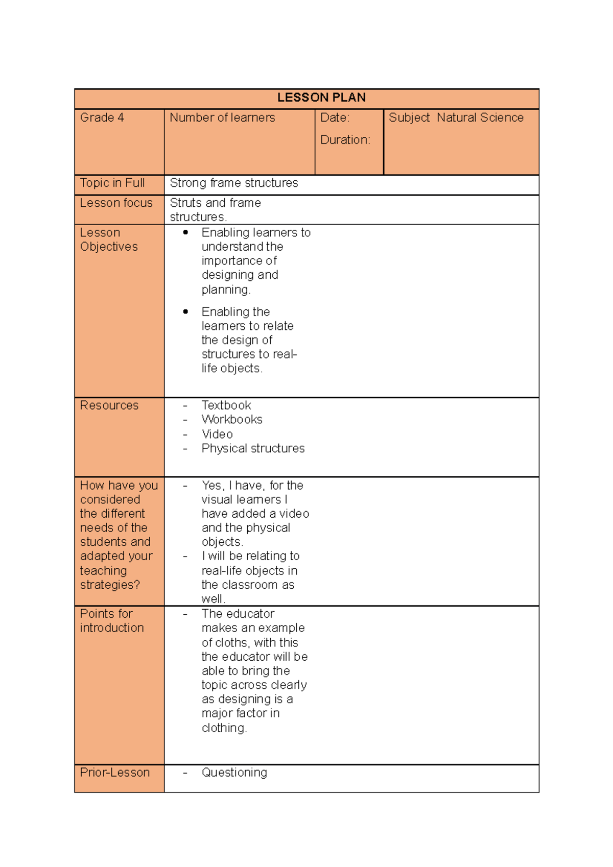 Grade 4 Natural Science Lesson Plan: Strong Frame Structures - Studocu