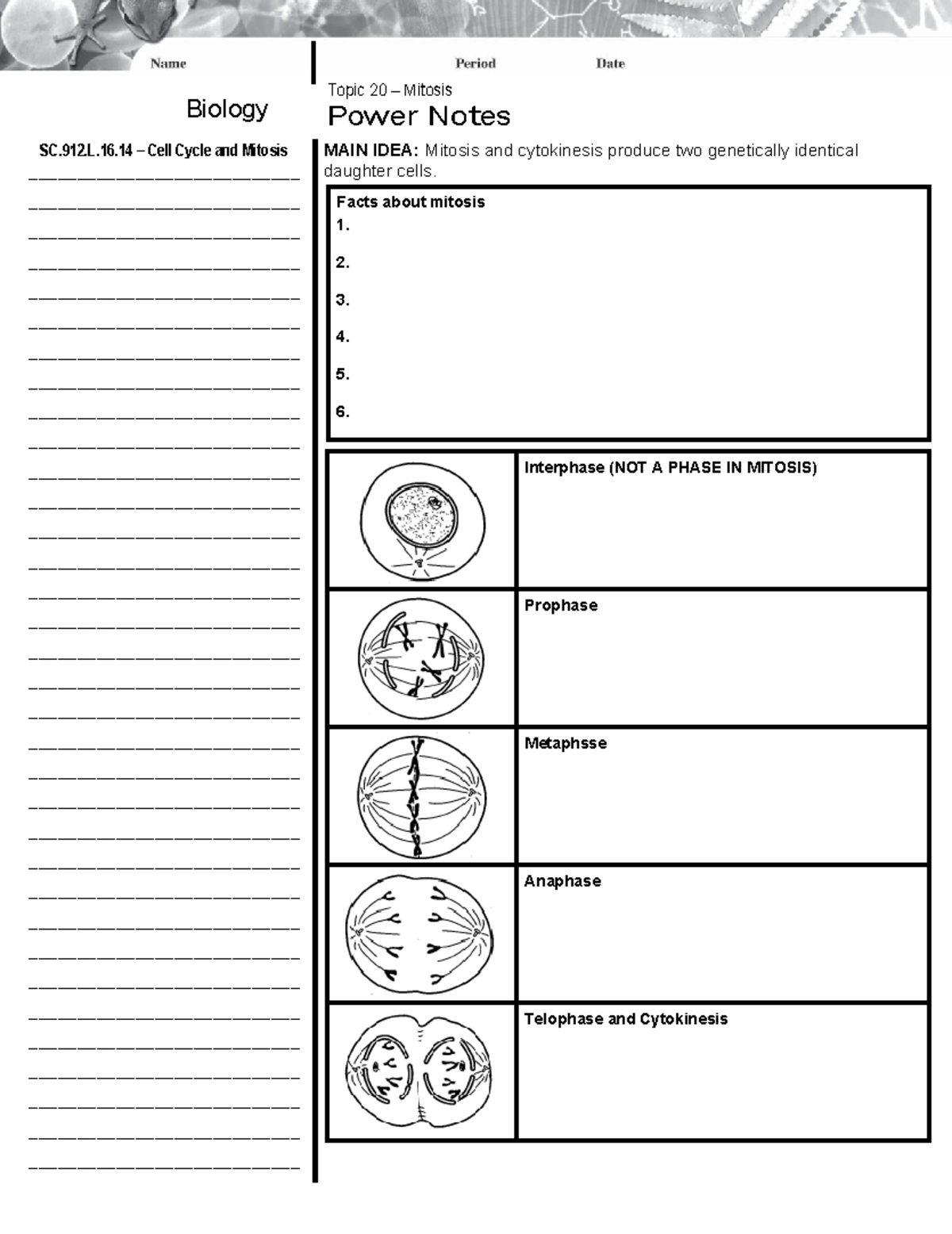 Mitosis Power Notes - Biology Topic 20 – Mitosis Po w e r No te s SC ...