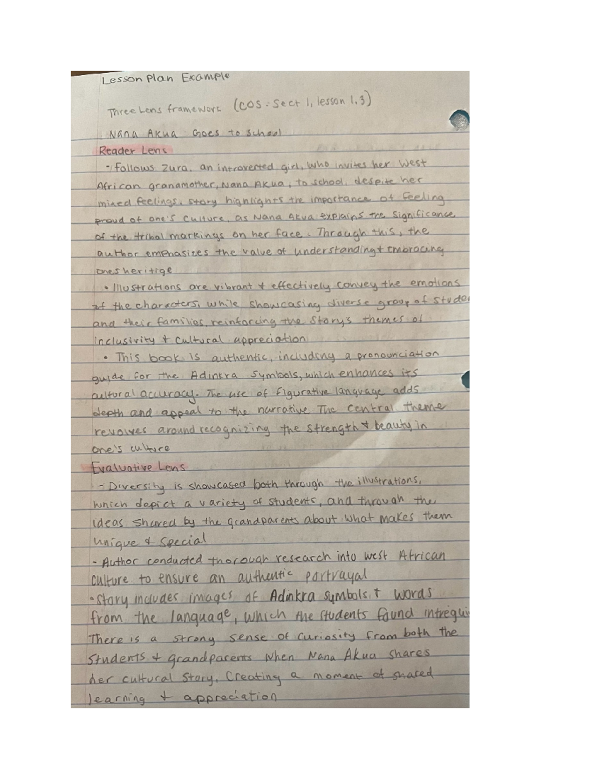Lesson Plan: Three Lens Framework for "Nana Akua Goes to School" (COS: Sect 1, - Studocu