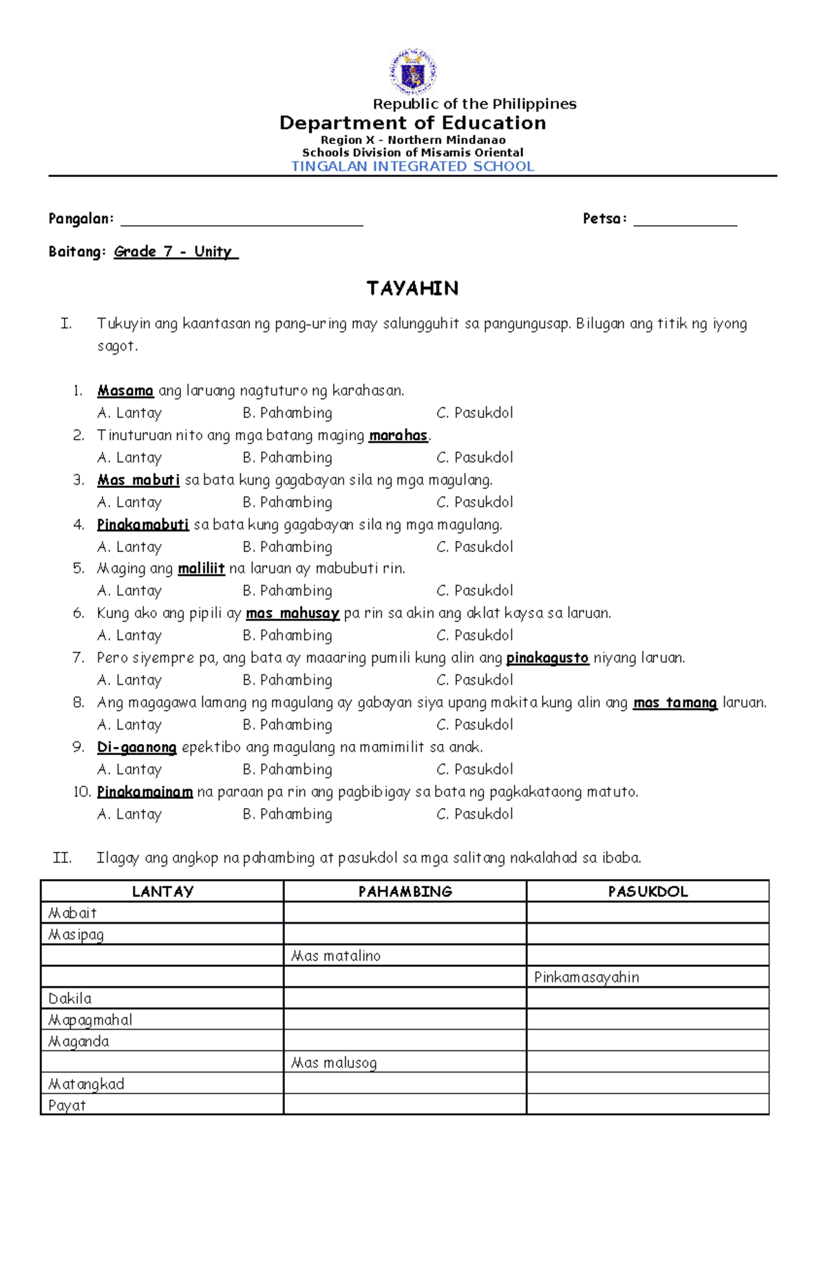 Pagsusulit Pang-uri para sa Baitang 7 - Filipino - Studocu