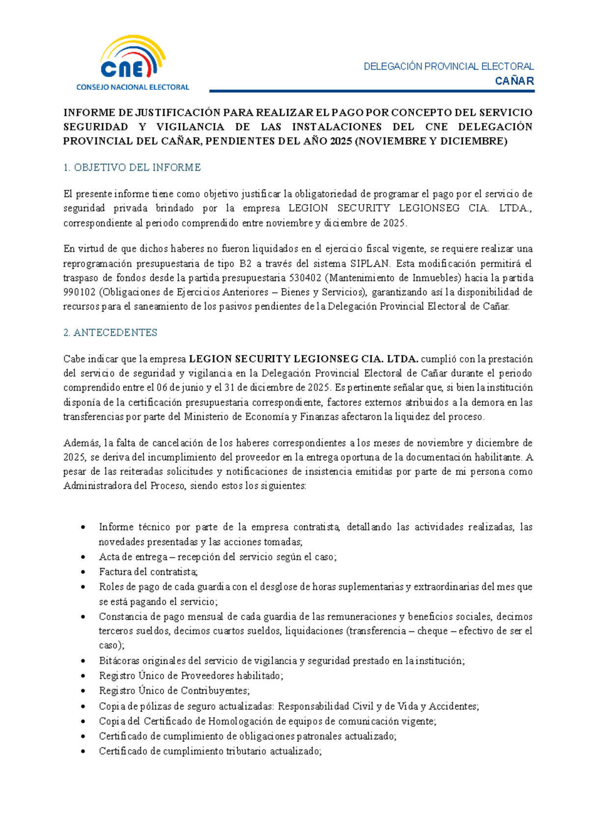 Informe de Justificación B2 para Pago de Seguridad - Cañar 2025 - Studocu