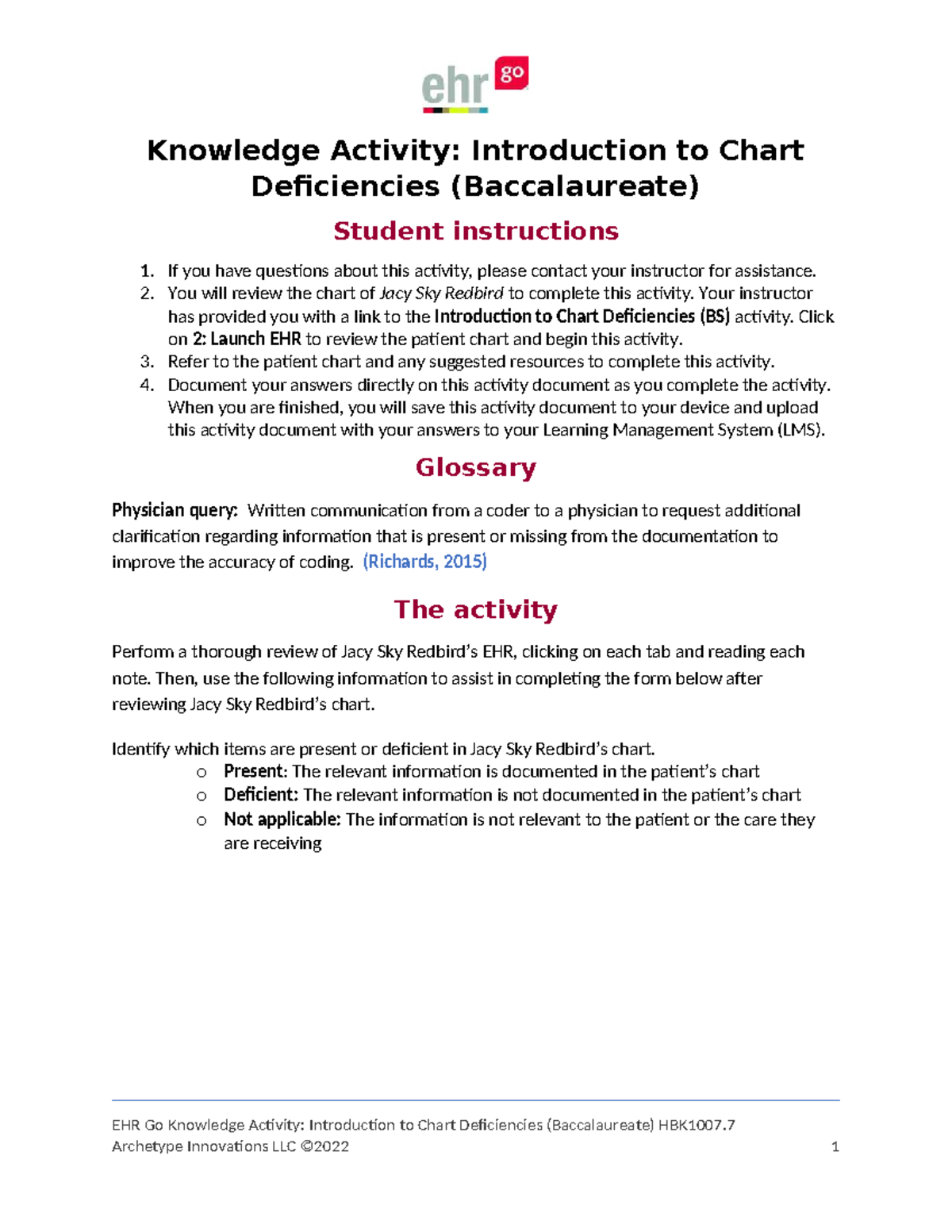 Knowledge Activity: Chart Deficiencies Review (Baccalaureate) HBK1007 ...