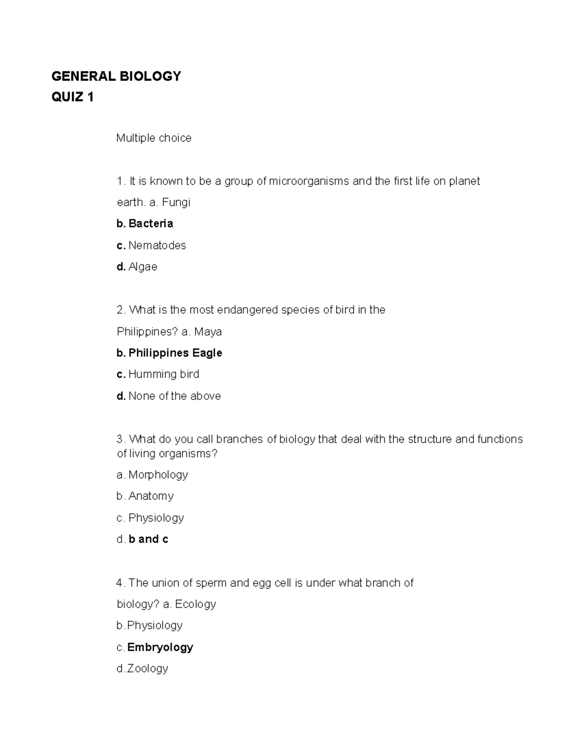 Gen Bio Quiz 1: Questions and Answers Overview - Studocu