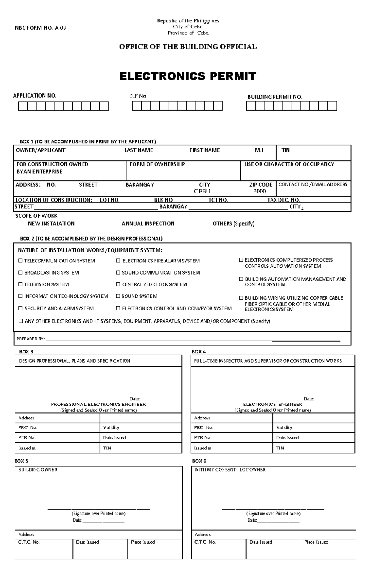 Electronics Permit Application for Commercial Building (Form A-07 ...