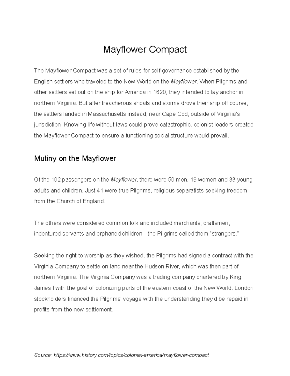 Mayflower Compact: Foundational Document of Plymouth Colony - Studocu