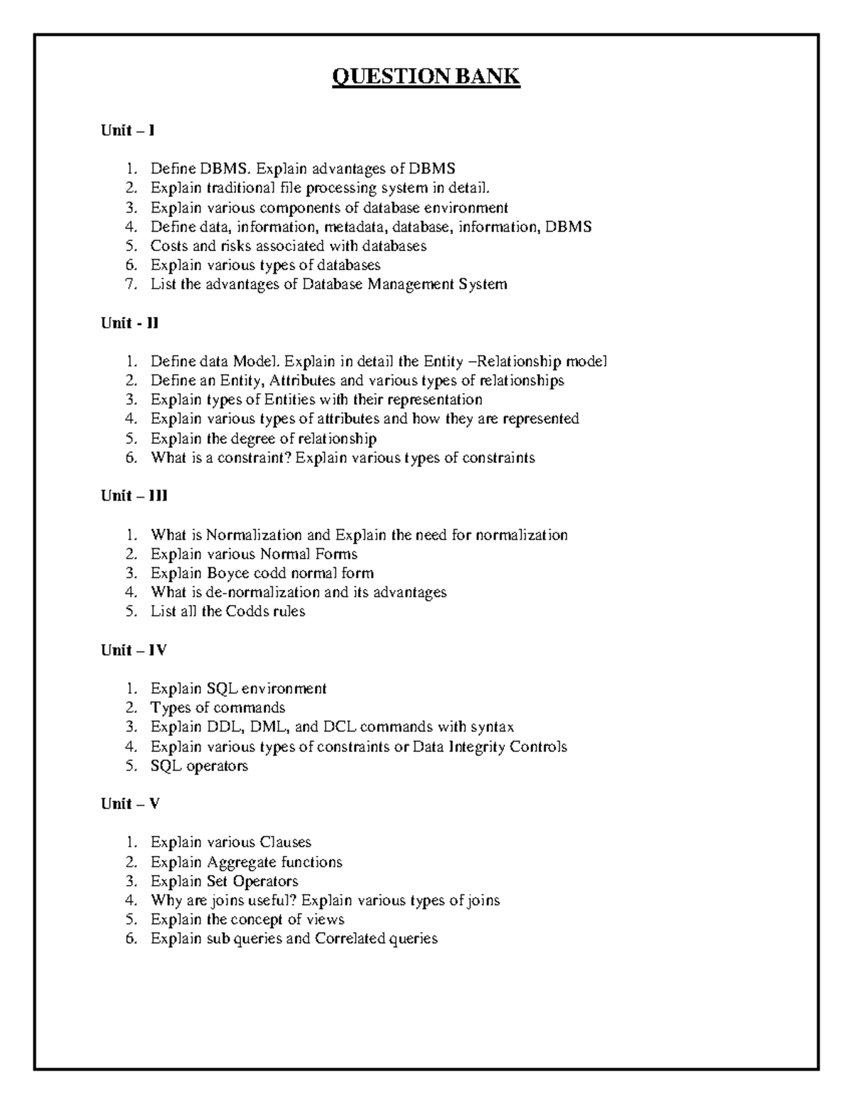 Question Bank: DBMS Lab Practicals (Unit I - V) - Studocu