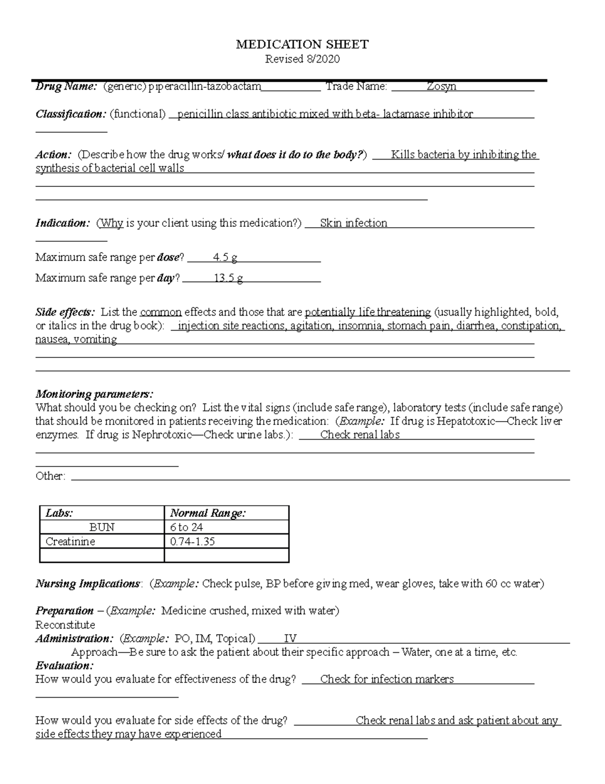 Zosyn (piperacillin-tazobactam) Med Sheet: Classification & Action ...