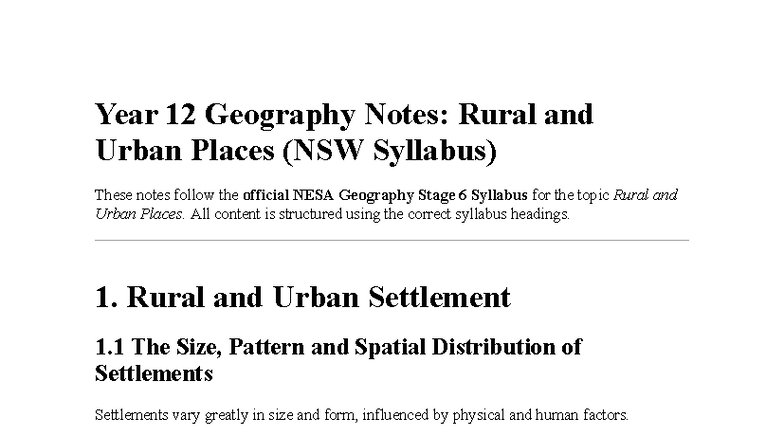 Year 12 Geography Notes: Rural & Urban Places (NSW Syllabus) - Studocu